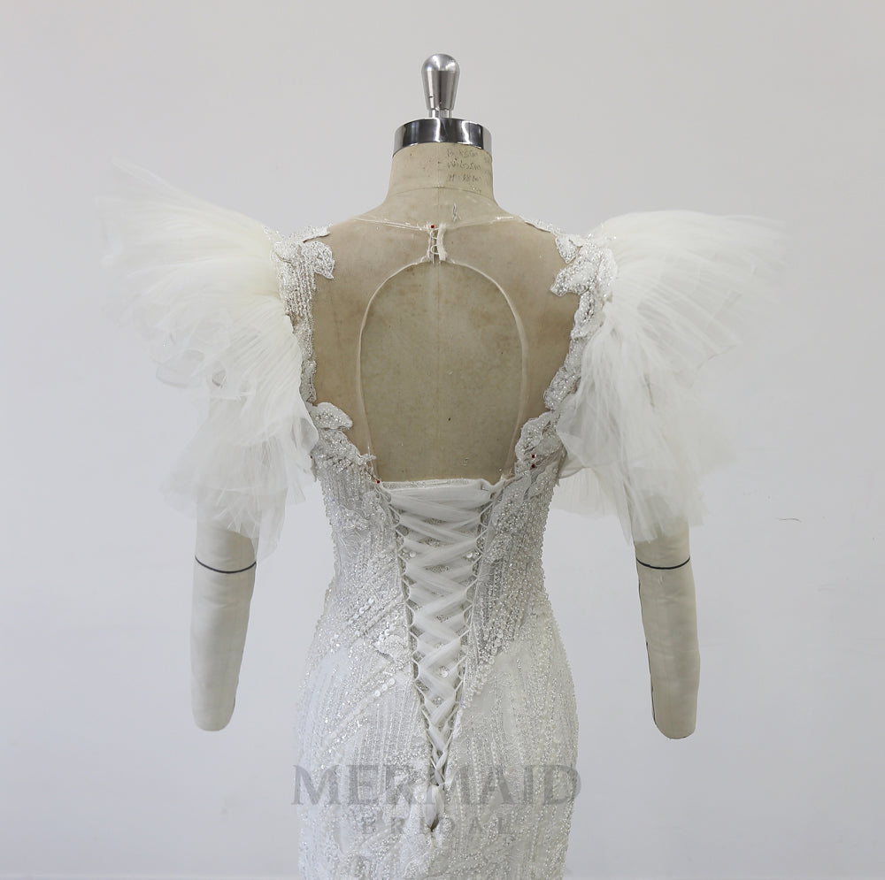 Mermaid Trend Wedding Dress Puff Sleeve Beading Wedding Gowns V Neck C
