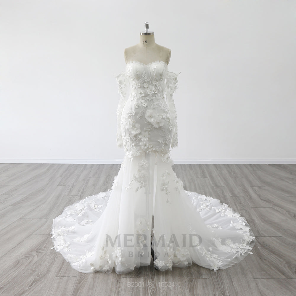 Detachable Long Sleeves Wedding Dresses Sweetheart Neck Court Train 3d